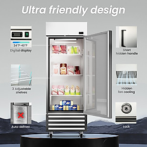 KICHKING 27" W Dynamic Cooling Commercial Refrigerator 23 Cu. Ft OmniSmart Temperature Control 33℉~41℉ Stainless Steel Reach-In Commercial Refrigerator Digital Thermostat LED Lighting 3 Shelves