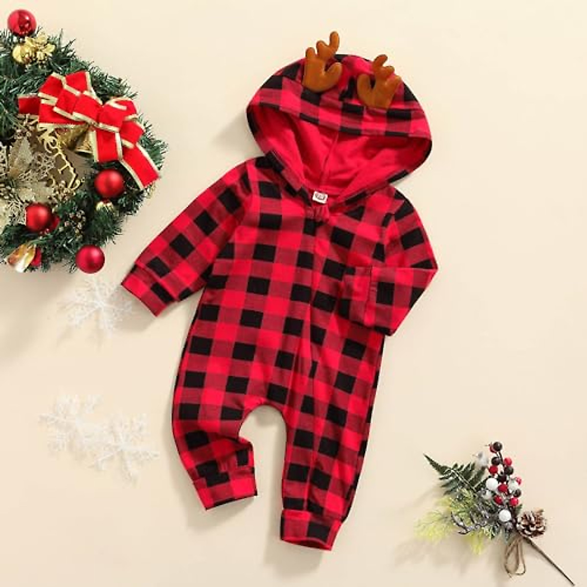 LIOMENGZI Christmas Baby Girl Boy Romper Clothes Red Plaid Checked Hooded Bodysuit Jumpsuit Xmas Toddler Baby Xmas 1st Outfit (Red, 6-12 Months)