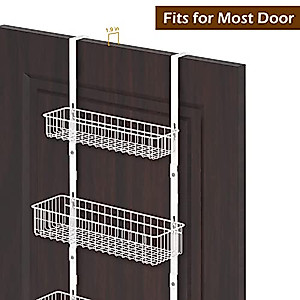 Over The Door Basket Organizer 3 Tier Hanging Kitchen Storage Rack Heavy Duty Pantry Organizer with 3 Basket and 5 Hooks Door Back Metal Wire Basket for Kitchen, Bathroom, Office, White