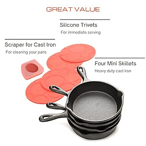 KUHA Mini Cast Iron Skillets 4” - 4-Pack of Pre-Seasoned Miniature Skillets - with 4 Small Silicone Trivets and Cast Iron Scraper