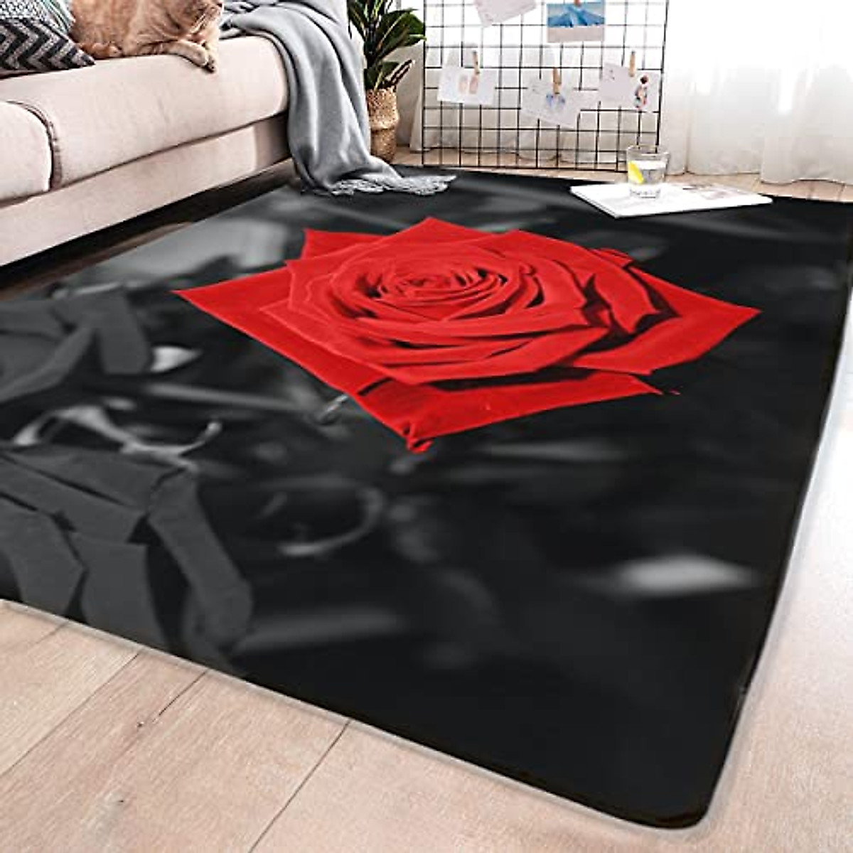 AIDOXY Large Farmhouse Rug Farmhouse Decor, Romantic Rose Black White Red Painting Abstract Mat Area Rug Home Decor Non-Slip Crystal Floor Polyester Mat 19.6x31.5inch