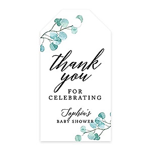 Andaz Press 100-Pack Personalized Baby Shower Favor Tags Silver Dollar Eucalyptus Custom Cardstock Thank You for Celebrating Gift Tags with Bakers Twine for Baby Shower Party Favors 2 x 3.75-Inches