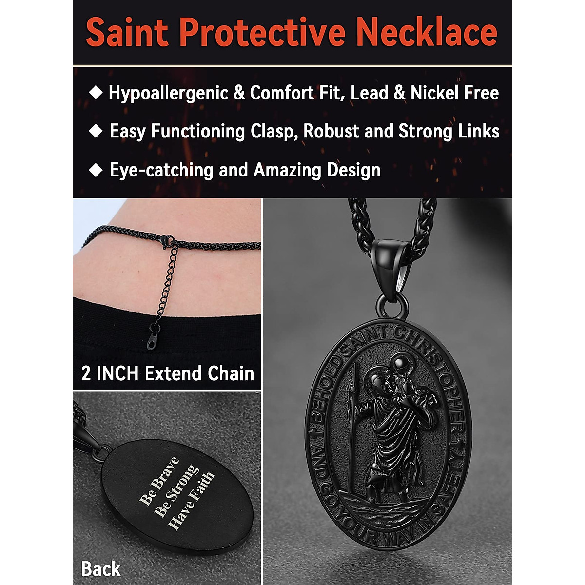 FaithHeart Black St. Christopher Necklace for Men Christian Amulet Jewelry with Stainless Steel Wheat Chain Oval Medal Pendant for Prayer