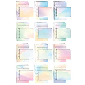 Mini Stationery Set, 100 Piece Set (50 Lined Watercolor Sheets + 50 Matching Envelopes), 5.5 x 8.25 inch, 12 Unique Designs, Double Sided Printing, One Side Lined Paper, by Better Office Products
