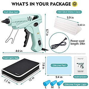 Magicfly 60/100W Hot Glue Gun Full Size with 15 Pcs Hot Glue Sticks (0.43 X 5.9 inch) and Carry Case, Dual Power High Temp Melt Glue Gun Kit with Finger Caps, Mat for Arts Craft, Household, Green