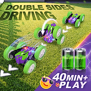 DEERC Remote Control Car, Double-Sided Driving RC Stunt Cars, 360° Spin 4WD Off-Road Car W/Dual Motors LED 2.4GHz Indoor/Outdoor Toy for Boys Age 4-7