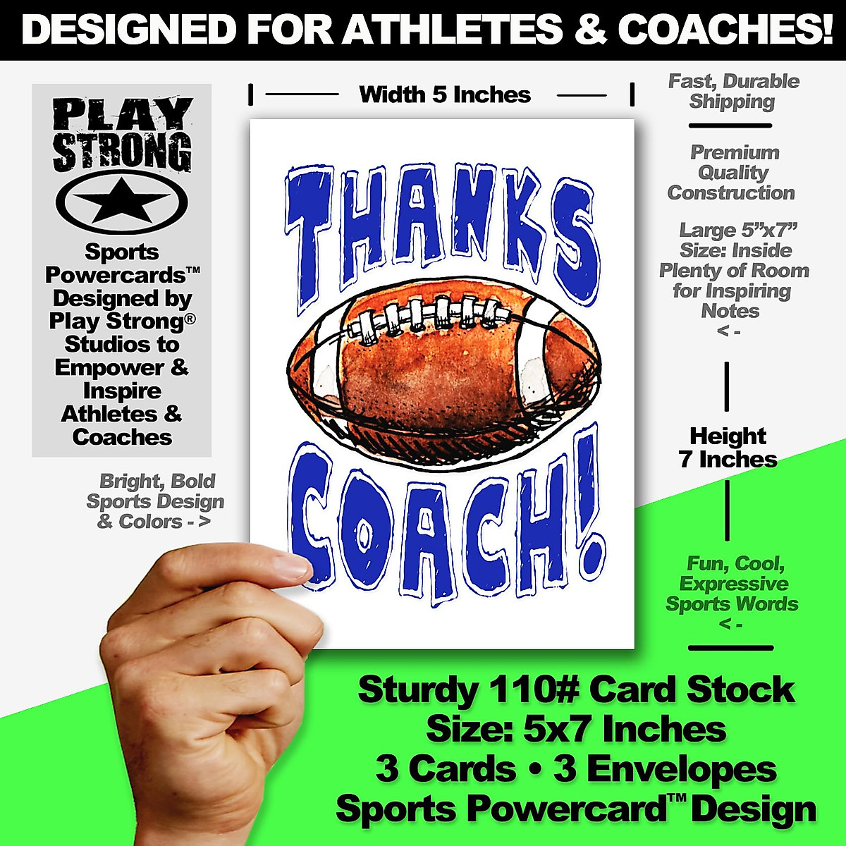 Play Strong Thanks Football Coach You're Awesome 3-Pack (5x7) Greeting Thank You Cards Set Perfect for Youth Sports Football Players, Teams, Coaches, Family and Fans - Your Coaches Will Love 'Em!