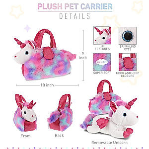 DolliBu Cotton Candy Pink Unicorn Plush Toy Pet Carrier - Cute Unicorn Stuffed Animal Pet Purse for Girls, Removable Sparkly White Unicorn Plush Toy in Fluffy Pink Handbag for Dress Up, Pretend Play