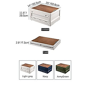 Xicennego 12-Gallon/45L Foldable Storage Bin with Wooden Lid - Large Capacity - Front and Rear Side Opening - Stackable Plastic Folding Storage Containers for Car Trunk, Camping, Picnic, Garage, Closet (Navy )