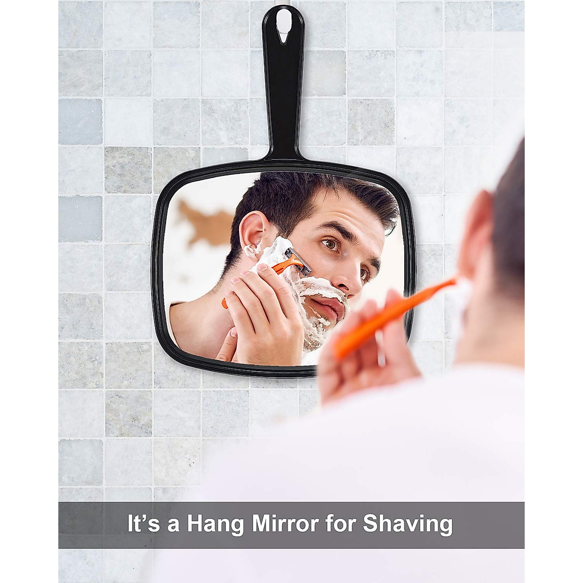 PROTECLE Large Hand Mirror, Salon Barber Hairdressing Handheld Mirror with Handle (Square Black 10.3"x7.4")