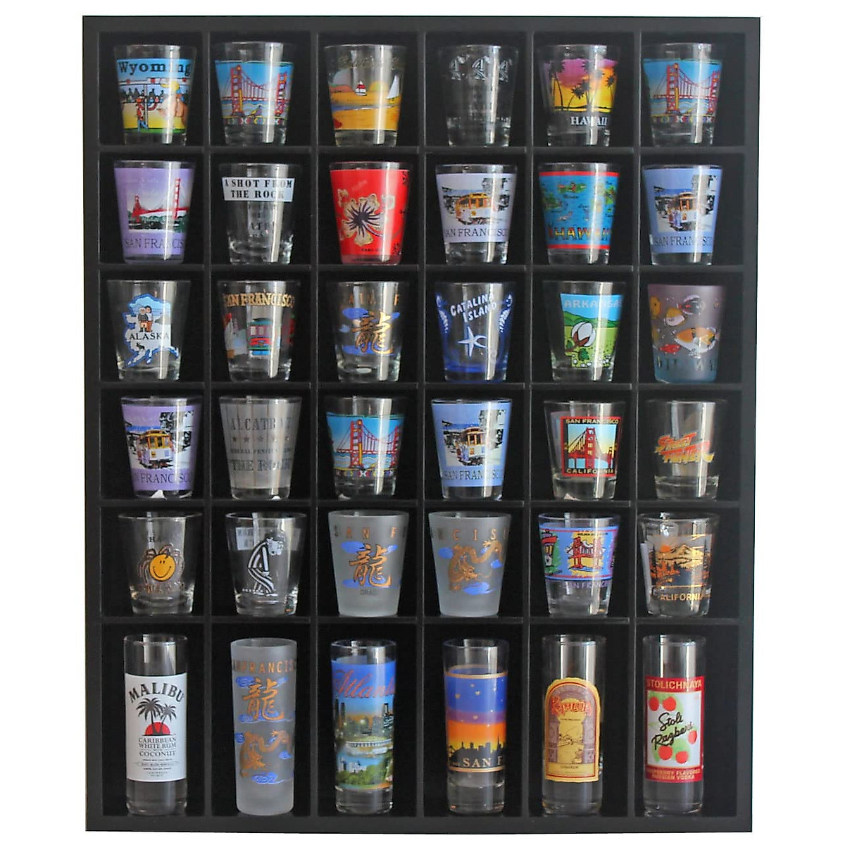 Black Shot Glass Display Case 36 Slots Minifigures Thimble Collection Display Rack Freestanding - No Door (with 1 Row for Tall Shooters)