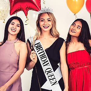 Birthday Crown Sash for Women Happy Birthday Queen Sash Crystal Birthday Tiara Crowns for Girls Rhinestones Headband Gift Party Birthday Decoration Set (Silver) Summer