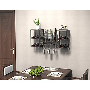 MOOMLIFE Wine Rack Wall Mounted with 3 Stem Glass Holders, Holds 12 Bottles Wine, Liquor Bottle Display Shelf, Elegant Storage for Kitchen, Dining Room