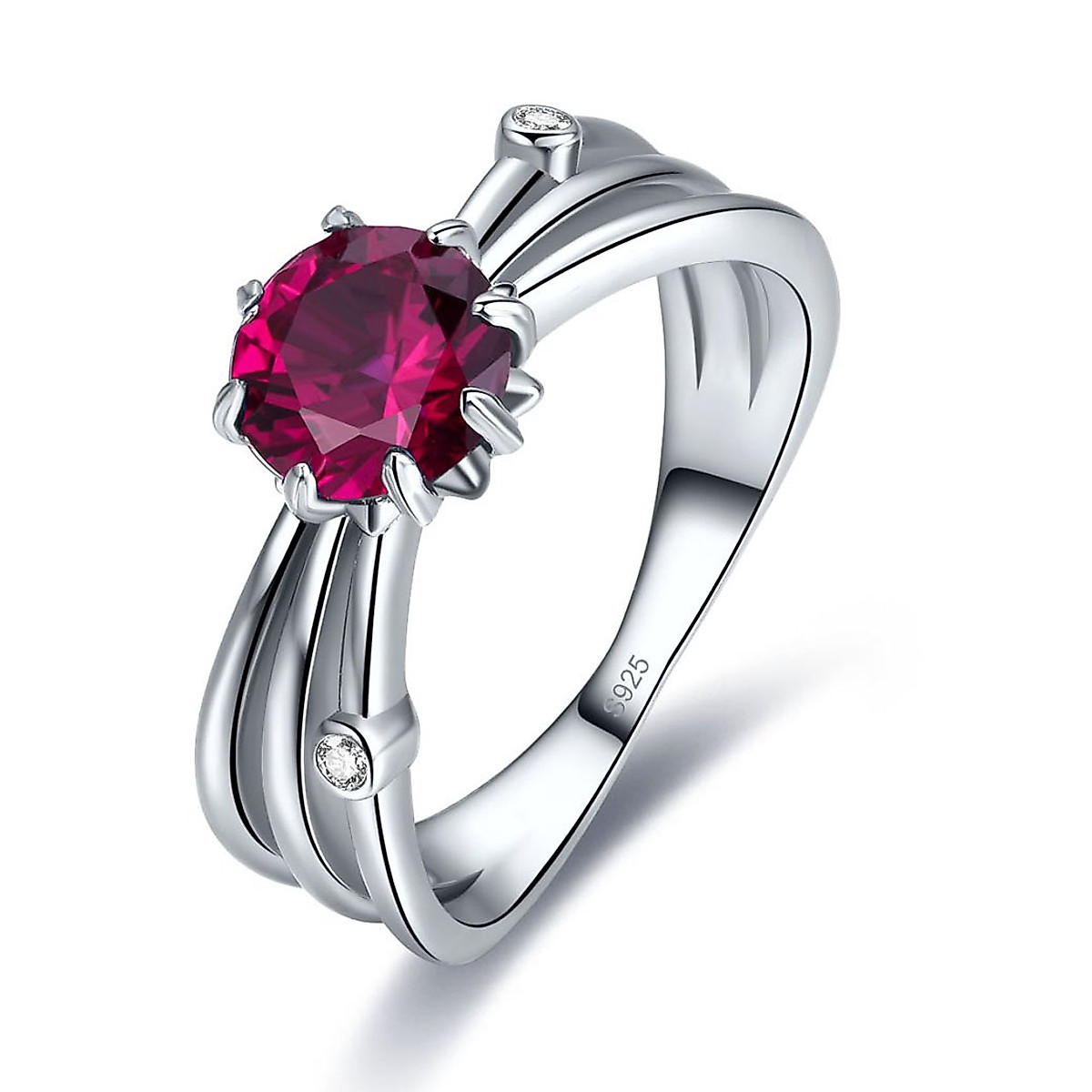 Zetaur 925 Sterling Silver Created Ruby Spinel Round Brilliant Cut CZ Multi Row Split Shank Solitaire Band Ring Wedding Engagement Eternity Ring for Women Size 8