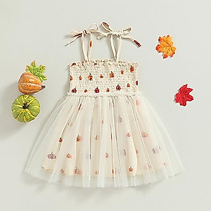 Toddler Baby Girl Halloween Outfit Cotton Linen Sleeveless Pumpkin Print Smocked Strap Tulle Tutu A-line Dress (3-4T,Beige)