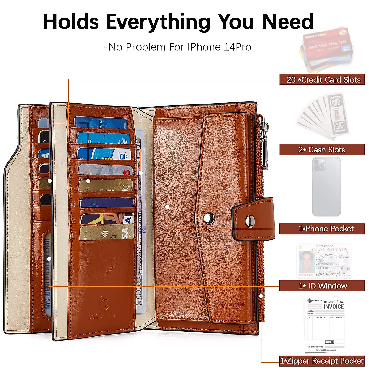 BOSTANTEN Womens Wallet Genuine Leather Wallets Large Capacity Cash Cluth Purses with Zipper Pocket Beige-Brown