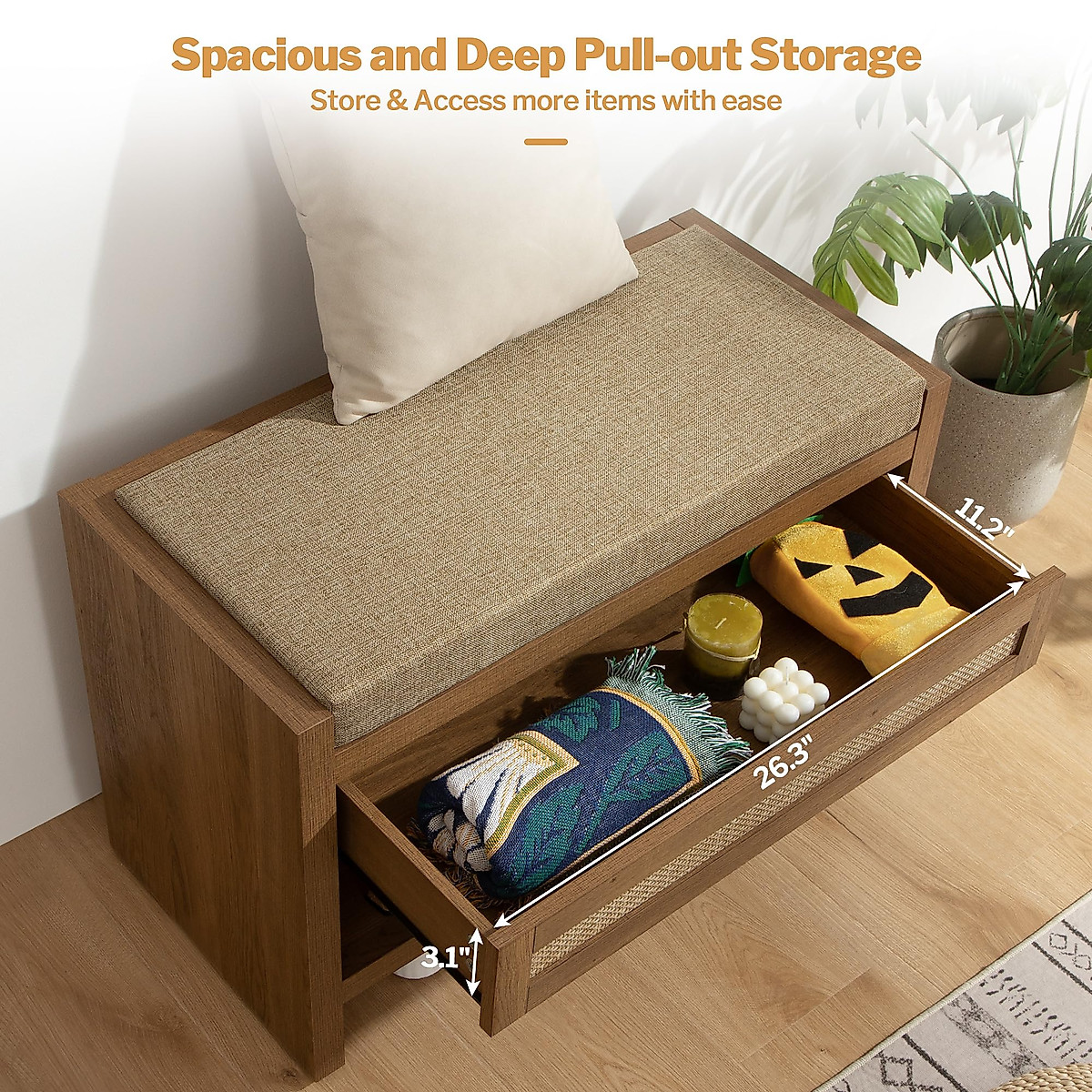 SICOTAS Rattan Shoe Bench Entryway Bench with Storage Drawer and Linen Seat Cushion, Farmhouse Boho Shoe Rack Bench with Shelf, Wooden Storage Bench for Entryway Hallway and Bedroom, Natural Oak