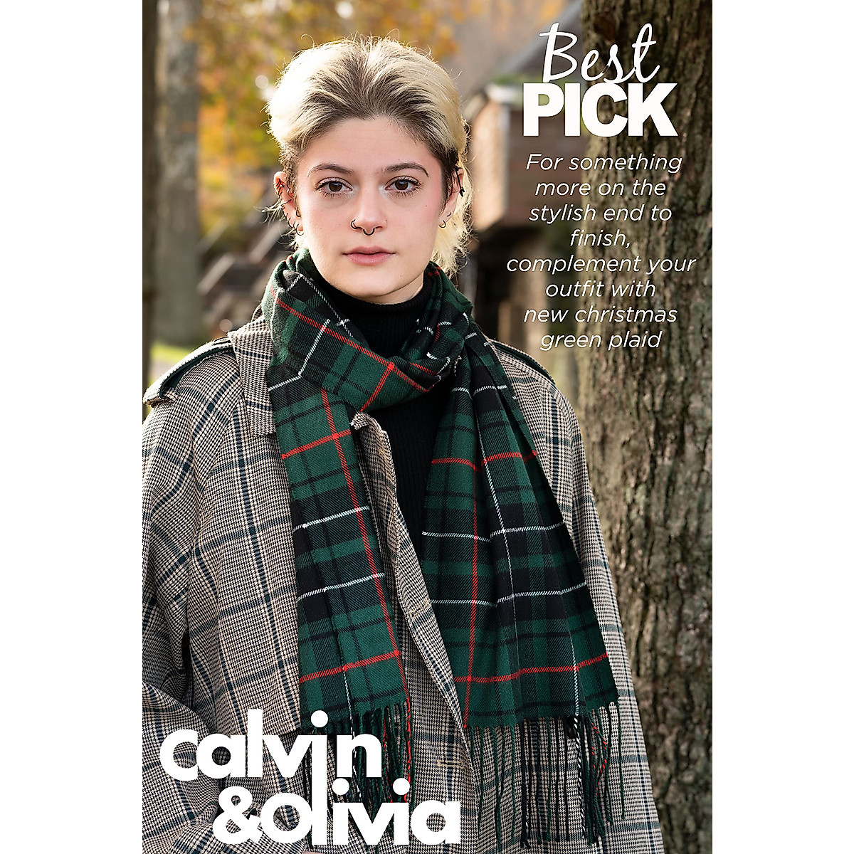 CALVIN & OLIVIA Cashmere Feel Scarf Soft Winter Soft Tartan Plaid Fashion Scottish Check Multi-Color Gift for Men Women Christmas Green Plaid