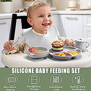 16 Pack Baby Feeding Supplies Set, Silicone Baby Led Weaning Suction Plates and Bowls Silicone Bibs Anti Slip Placemat Baby Spoons Forks Snack Cups, Toddler Eating Utensil Set (Green, Light Gray)