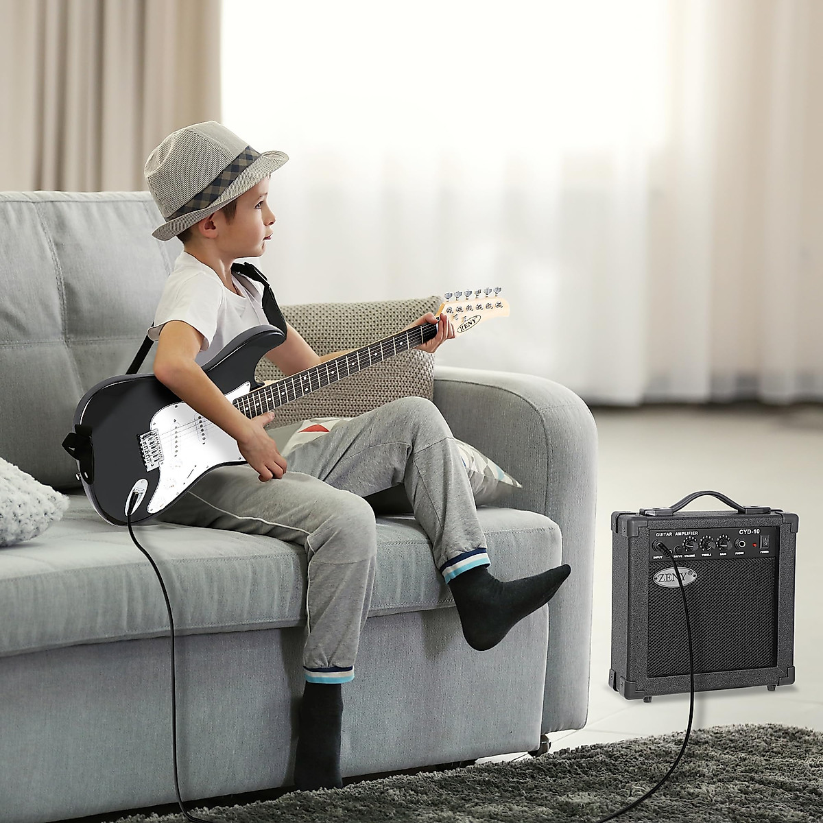 ZENY 39in Full Size Electric Guitar with 10W Amp, Case and Accessories Pack Beginner Starter Package, Black