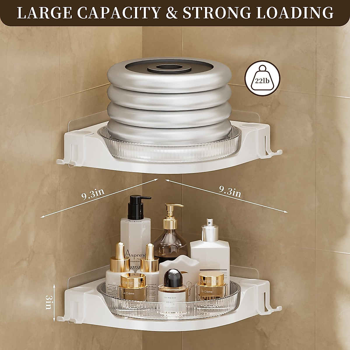 akinbas Corner Shower 2 Tier Caddy Lazy Susan Organizer 360 Rotating Corner Shelf Wall Mounted with No Drilling Shelves for Bathroom Dorm and Kitchen (White)