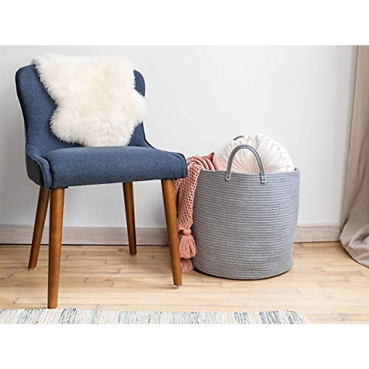 XXL Premium Cotton Rope Basket 18"x18"x16" - Big Basket for Blankets Living Room – Woven Laundry Basket- Grey Basket - Large Blanket Basket Living Room - Storage Basket - Large Baskets for Blankets