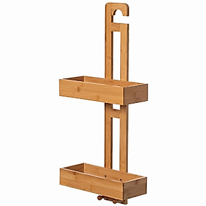 Basicwise Bathroom Multi-function Natural Bamboo Storage Rack Over Shower Head Organizer, Shower Ball, Shampoo, Conditioner, Soap Holder