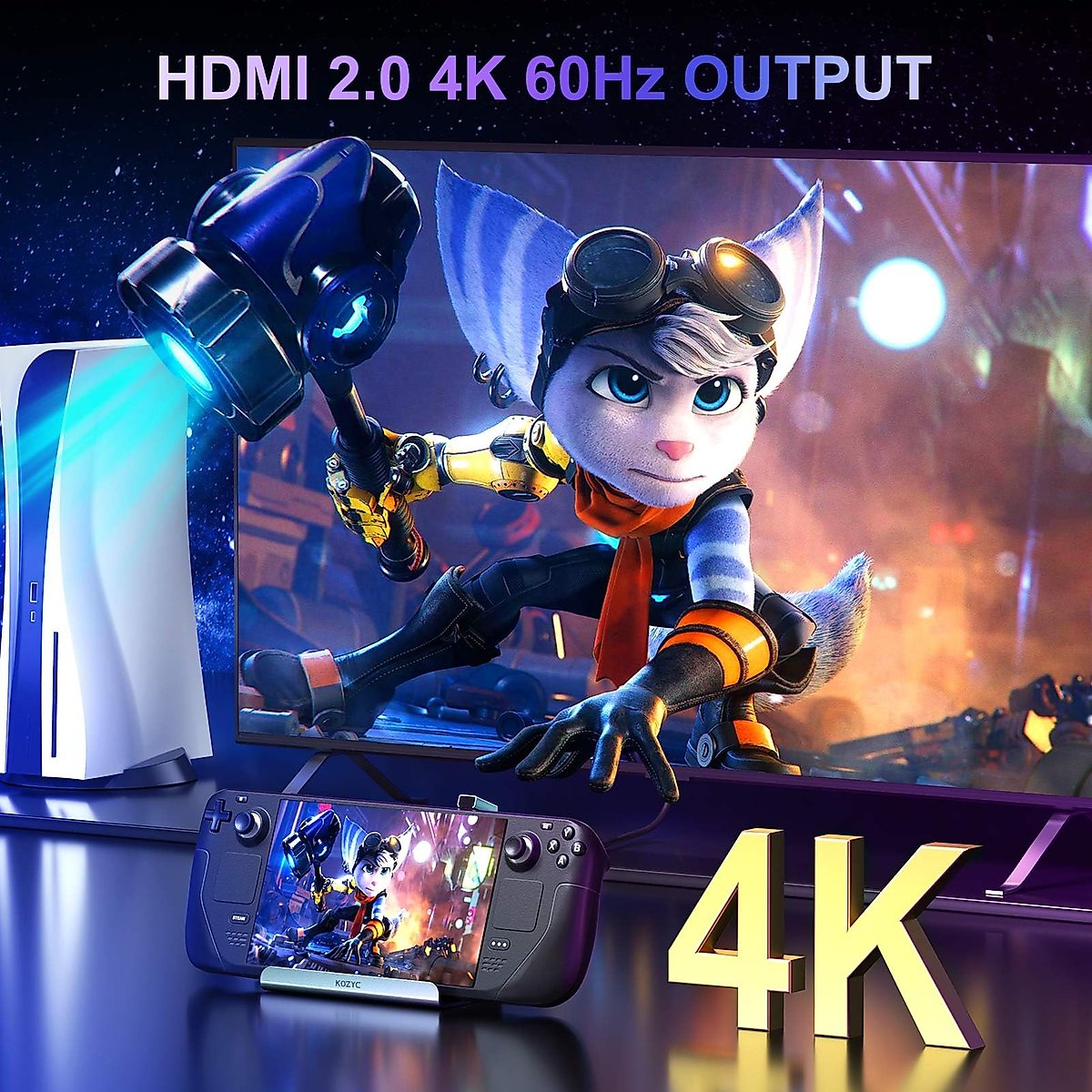 Docking Station for Steam Deck, KOZYC 6 in 1 Stream Deck Dock with HDMI 2.0 4K 60Hz, 1Gbps RJ45 Ethernet, 3 USB 3.0 5Gbps, and 100W Charging USB-C Port Compatible with ROG Ally, Steam Deck, Laptop
