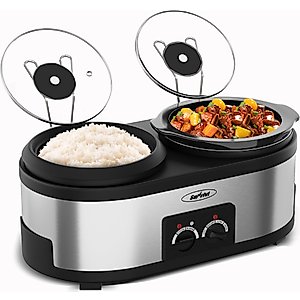 Sunvivi 2 in 1 Slow Cooker and Rice Cooker, Slow Cooker with 1.5 QT Ceramic Pot & 3 Temps, Rice Cooker with 3- Cup Non-Stick Aluminum Pot & Indicator Lights, Dual Control Knob, Stainless Steel
