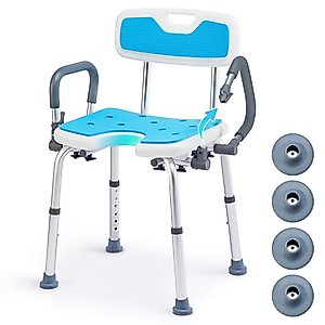 HEAO Shower Chair for Elderly Heavy Duty 400lbs, Cut Out Shower Seat with Drop Arms and Detachable Backrest, Handicap Bath Bench (4 Small Rubber Feet & 4 Big Suction Cups Replacement)