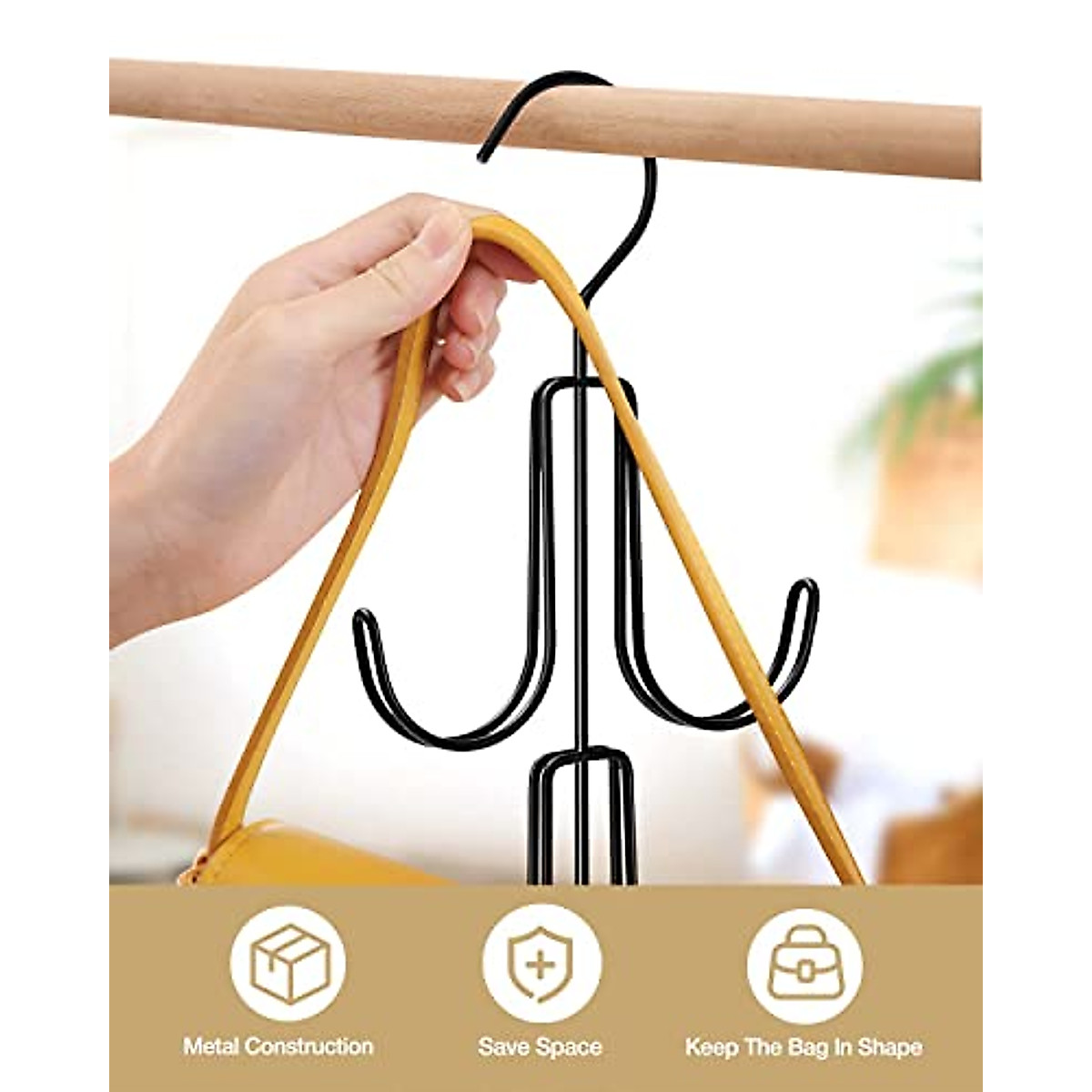 2Pack Purse Hanger Organizer for Closet Handbag Silver Metal Holder, Hanging Closet Organization Storage Scarves, Men's Ties, Women's Shawls, Backpacks, Belts, Accessories, Clothes (Black)