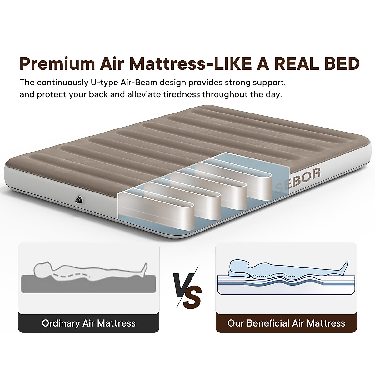Sebor Camping Air Mattress Queen, Height 9" Durable Queen Airbed, Inflatable Blow Up Mattress Raised Airbed with Storage Bag, Portable Air Bed for Camping Travel and Home, 660 lb MAX (No Pump)