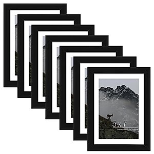 Picrit 5x7 Picture Frame Set of 7, Display 5x7 with Mat or 4x6 Without Mat, Photo Frames for Wall Mounting or Table Top Display, Black.