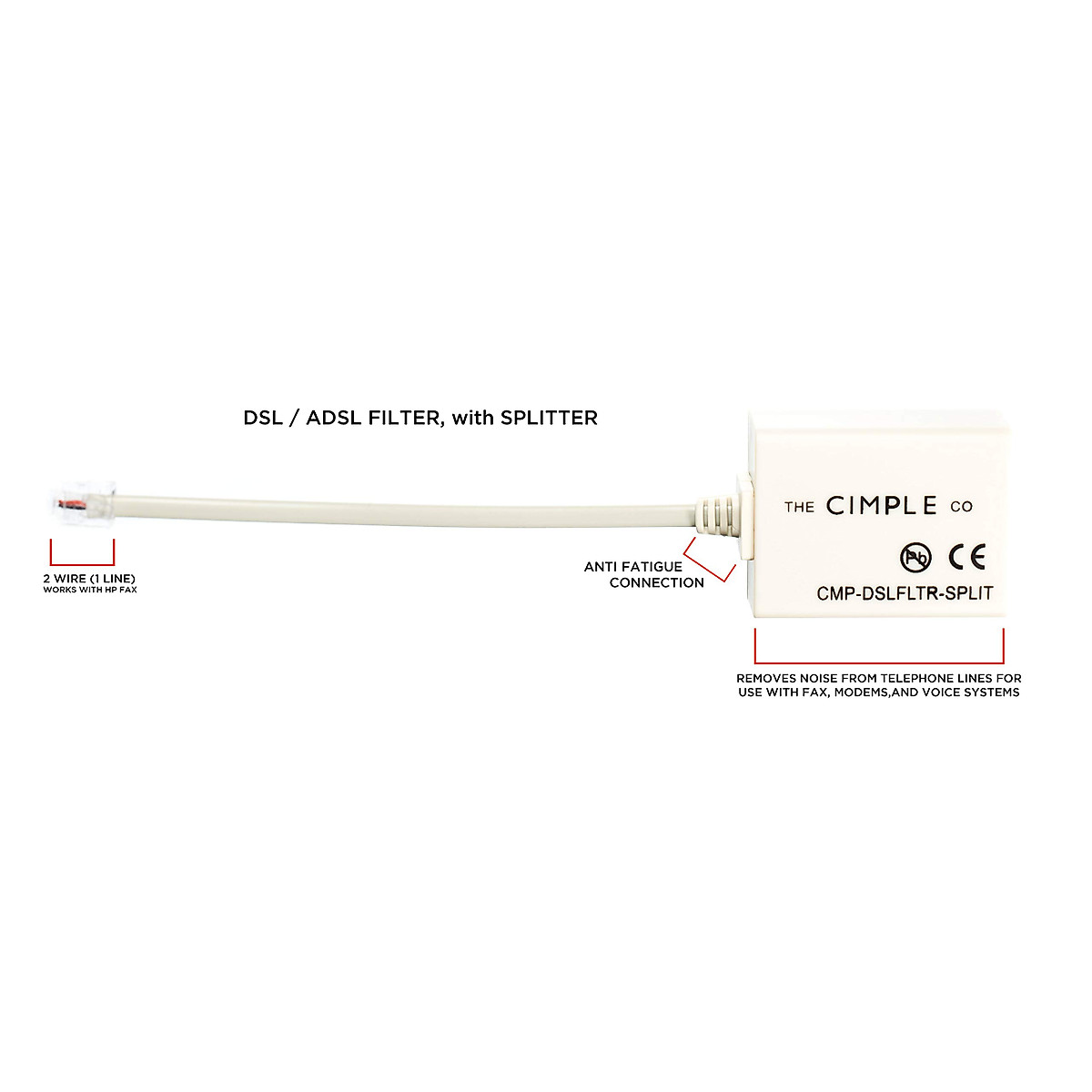 THE CIMPLE CO 2 Wire, 1 Line DSL Filter, with Built in Splitter - for Removing Noise and Other Problems from DSL Related Phone Lines