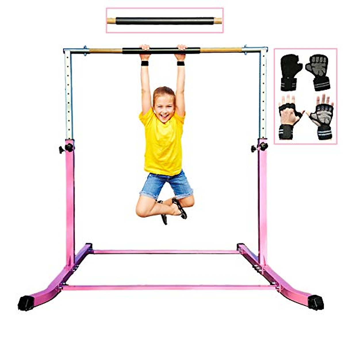Gymnastic Kip Bar Horizontal Bar Expandable Height for Kids Junior Gymnastics 4'x6' Mat- Adjustable 3 to 5 FT - Gymnastic Bar with Cushioned Bar Pad for Fiberglass Rail with Curved Legs, Gloves (Pink)