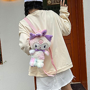 Awcvire Kuromi My Melody Plush Backpack, 15.7" Cute Cartoon Figure Plush Doll Schoolbag For Kids and Girls, Adorable Plush bag for Series Fans (Purple-A)