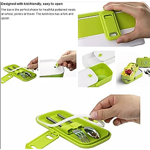 SARZ Bento Lunch Box for Kids - with 2 Containers and 4 Compartments, Modern Stackable Cute Bento Lunch Box with Cutlery Set, Two Adjustable Dividers, Microwave and Dishwasher Safe (Green)