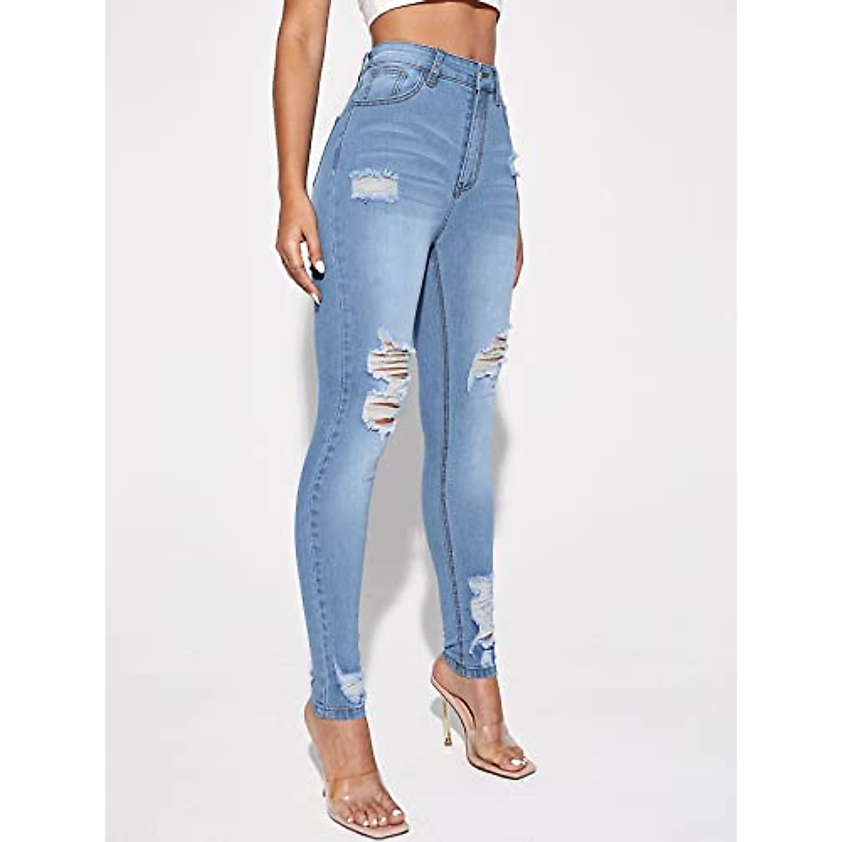 Floerns Women's High Waisted Ripped Skinny Jeans Destroyed Denim Pants Light Blue S