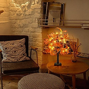 22 Inch Lighted Maple Tree Fall Tree Thanksgiving Tree Decorations with 6 Acorns & Pumpkins & Pinecones Autumn Decor with 18 LED Thanksgiving Decorations Indoor for Harvest, Fall, Party, Table