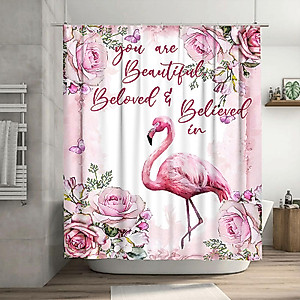 citari Pink Flamingo Shower Curtain Floral Flamingo Bathroom Shower Curtains Modern Polyester Fabric Waterproof Shower Curtains 60 x 72 Inch