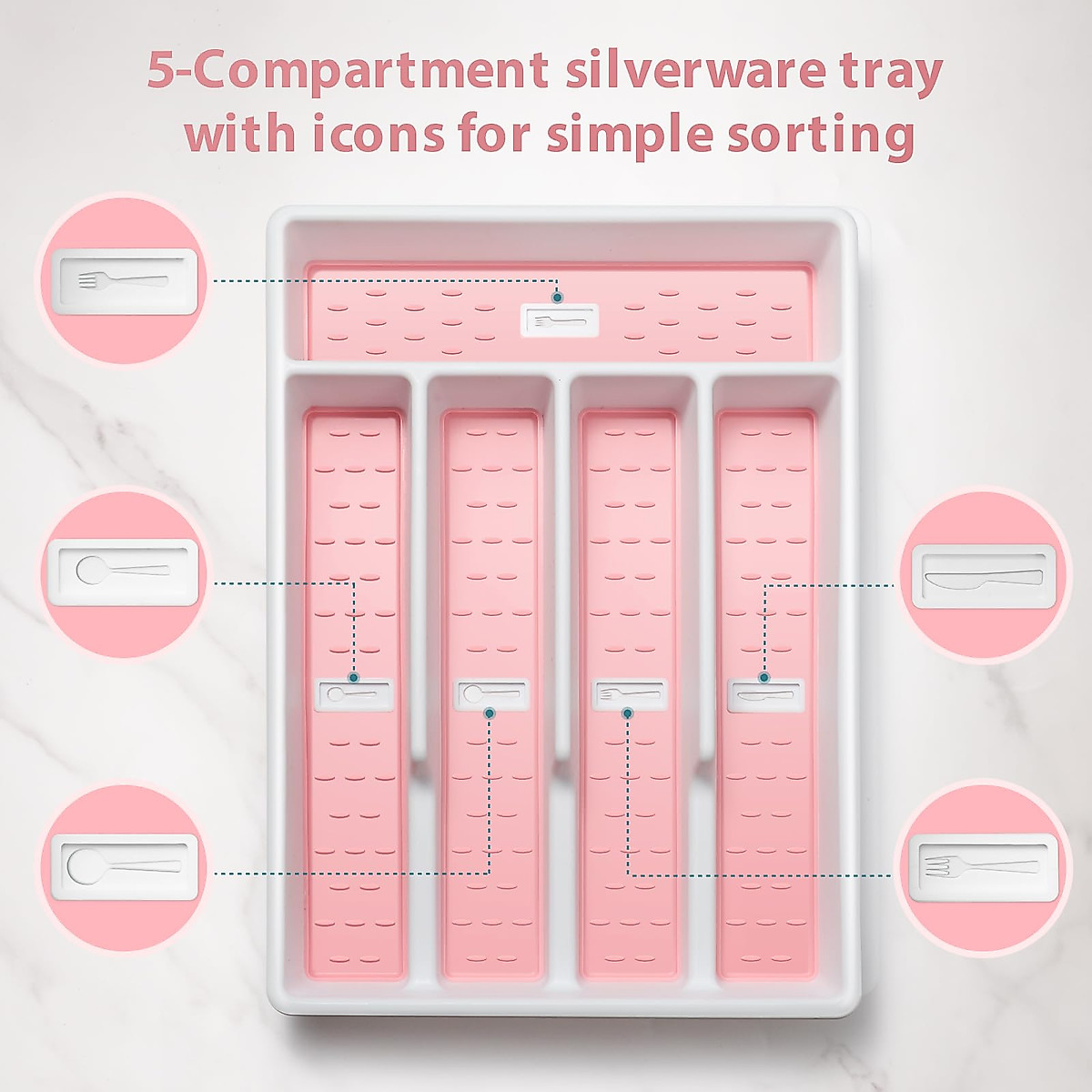 Joequality Silverware Organizer with Icons，Plastic Cutlery silverware Tray for Drawer，Utensil Flatware Tableware Organizer for Kitchen with Non-slip TPR,Fits Standard Drawer,5-Compartment,Pink