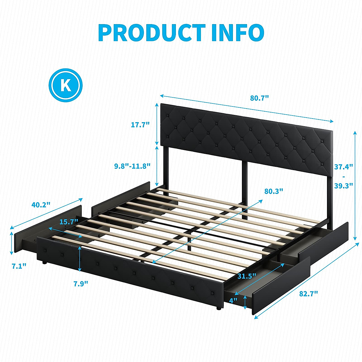 Mjkone King Bed Frame with 4 Storage Drawers, PU Leather King Size Upholstered Platform Bed Frame with Adjustable Headboard, No Box Spring Needed/Easy Assembly/No Mattress (King, Black)