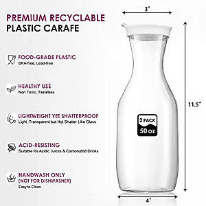 NETANY 50oz Water Carafe with Flip Top Lid, Clear Plastic Pitcher for Iced Tea, Juice, Lemonade, Milk, Cold Brew, Mimosa Bar - Juice Containers with Lids for Fridge - Set of 2, HAND WASH ONLY