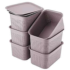 AREYZIN Plastic Storage Baskets With Lid Organizing Container Lidded Knit Storage Organizer Bins for Shelves Drawers Desktop Closet Playroom Classroom Office, Grey and Purple