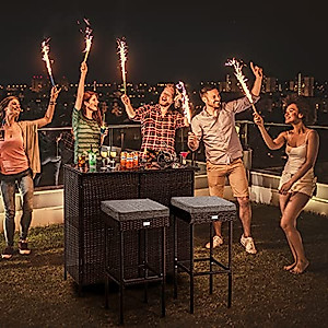 Bonnlo 3PCS Wicker Patio Bar Set with Stools and Glass Top Table Outdoor Furniture Bar Set with Storage for Lawn Pool Backyard Garden, Front Porch(Grey)