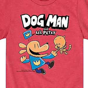 Dog Man and Lil Petey - Youth Short Sleeve Graphic T-Shirt - Size Large Heather Red