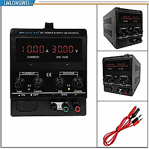 Lwlongwei DC Power Supply Variable, 30V 10A 300W Adjustable Switching Regulated DC Bench Power Supply with 4-Digits LED Power Display Coarse and Fine Adjustments