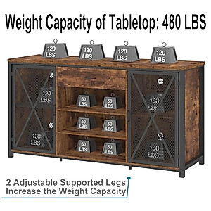 LVB Large Bar Cabinet with Fridge Space, Rustic Long Liquor Cabinet with Drawer Storage, Farmhouse Wood Metal Wine Cabinet with Rack, Sideboard Buffet for Kitchen Dining Room, Rustic Brown, 70 Inch