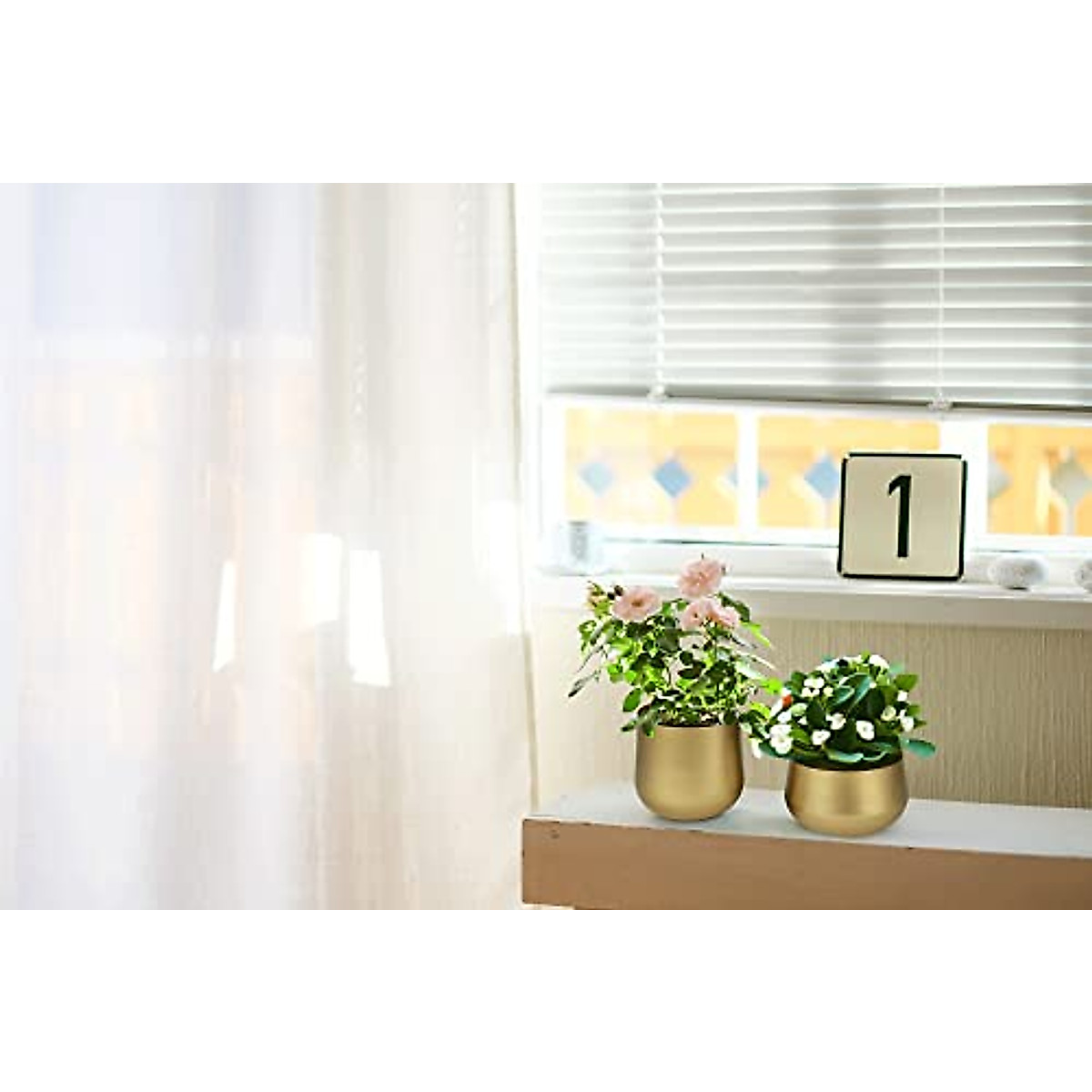 Vixdonos Gold Metal Flower Pots Brass-Toned Garden Planters, 7.1/6.3 Inch Indoor Round Succulent Containers, Pack 2 Cactus Plant Pots with Drainage Hole