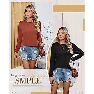 Ficerd 2 Pack Women's Long Sleeve Shirts, Casual Loose Fit Tunic Tops Crew Neck Trendy Tee Solid Color Pullover Shirts (Black, Pumpkin,X Large)